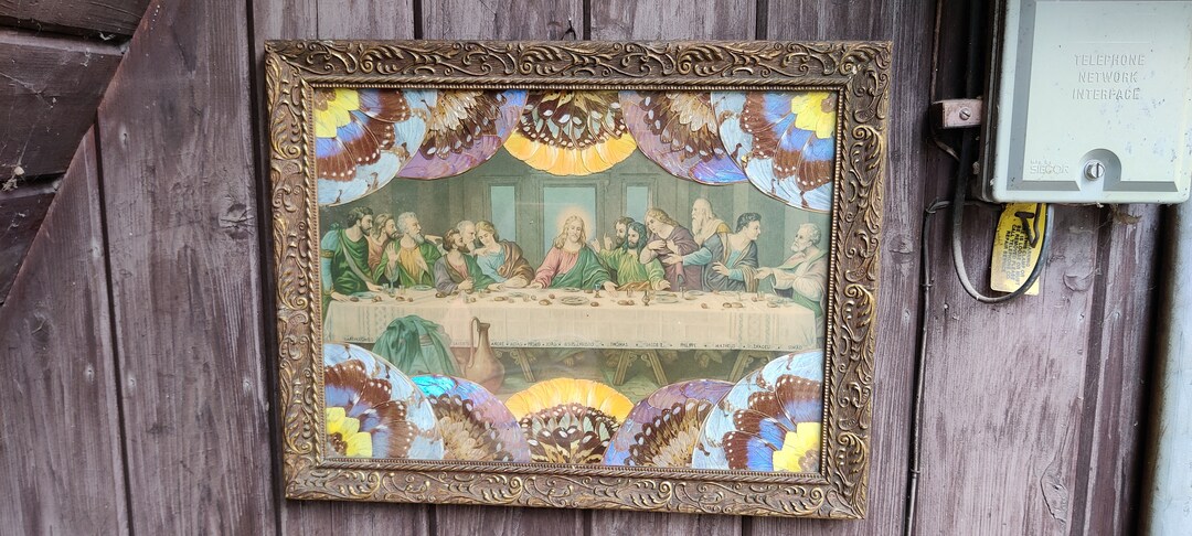 Vintage Last Supper Framed Real Butterfly Wings Border Gold Ornate ...