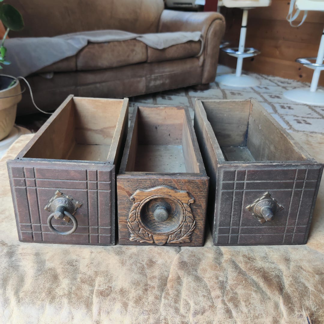Vintage Singer Treadle Sewing Machine Drawers 3 Wood Metal Pulls 12 1/2 ...