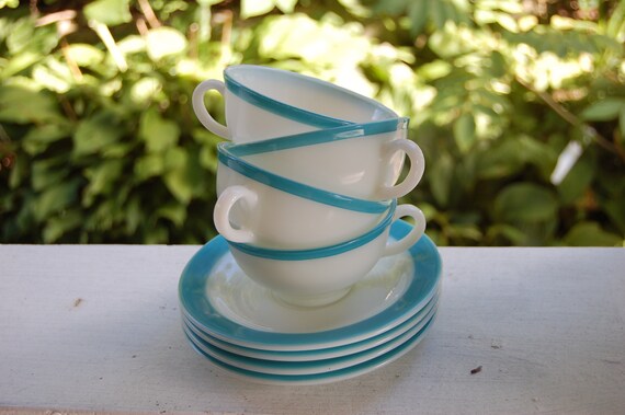 Midcentury Pyrex Milk Glass Turquoise Aqua Blue Rim Band Teacups Tea ...