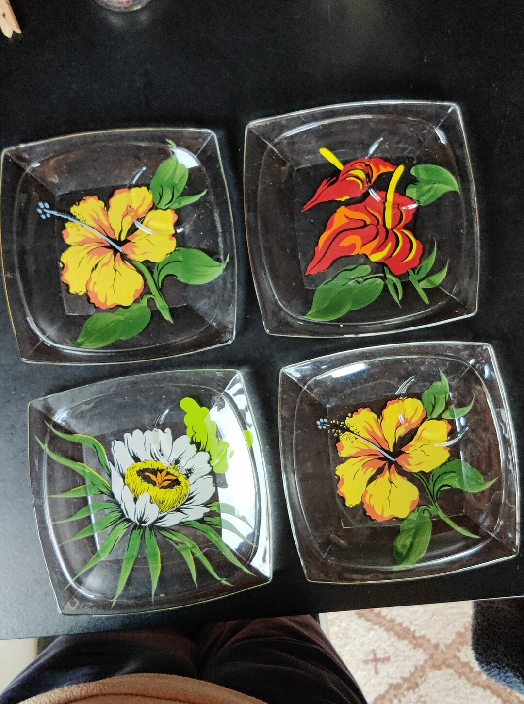 Vintage Clear Glass Square Luncheon Plates Reverse Painted Flowers ...