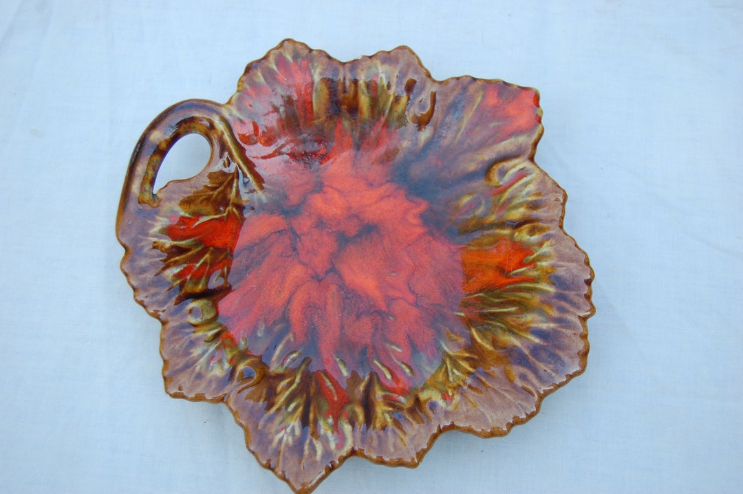 Vintage Autumn Fall Leaf Dish Ceramic Loop Handle Handmade Studio Art ...