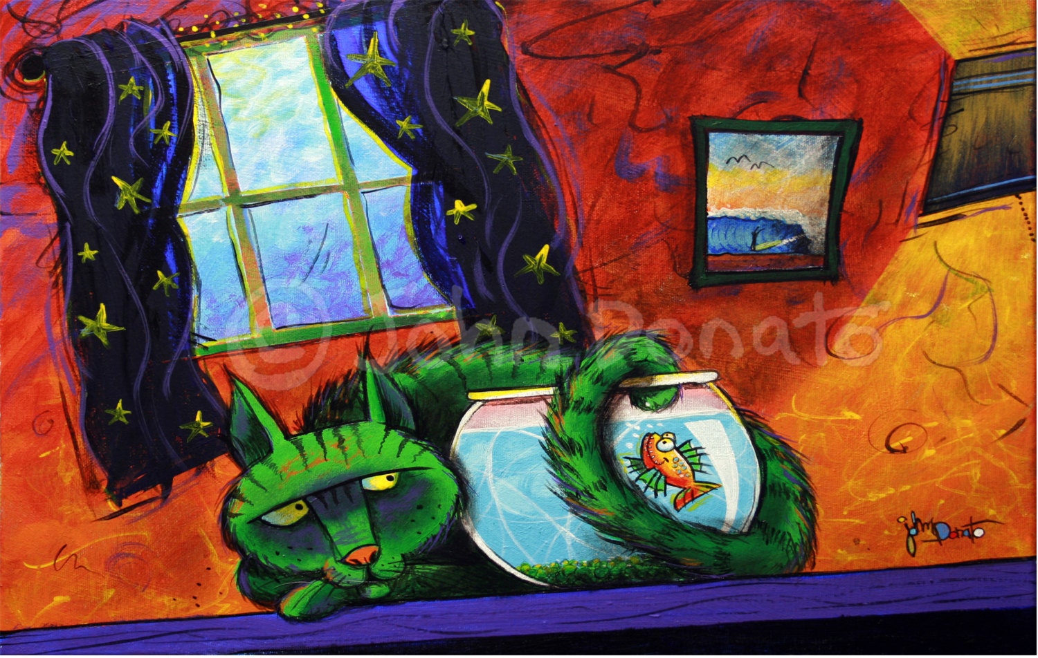 Cat and Fish Bowl Art Print, John Donato, Holiday Gift, Pet Print ...