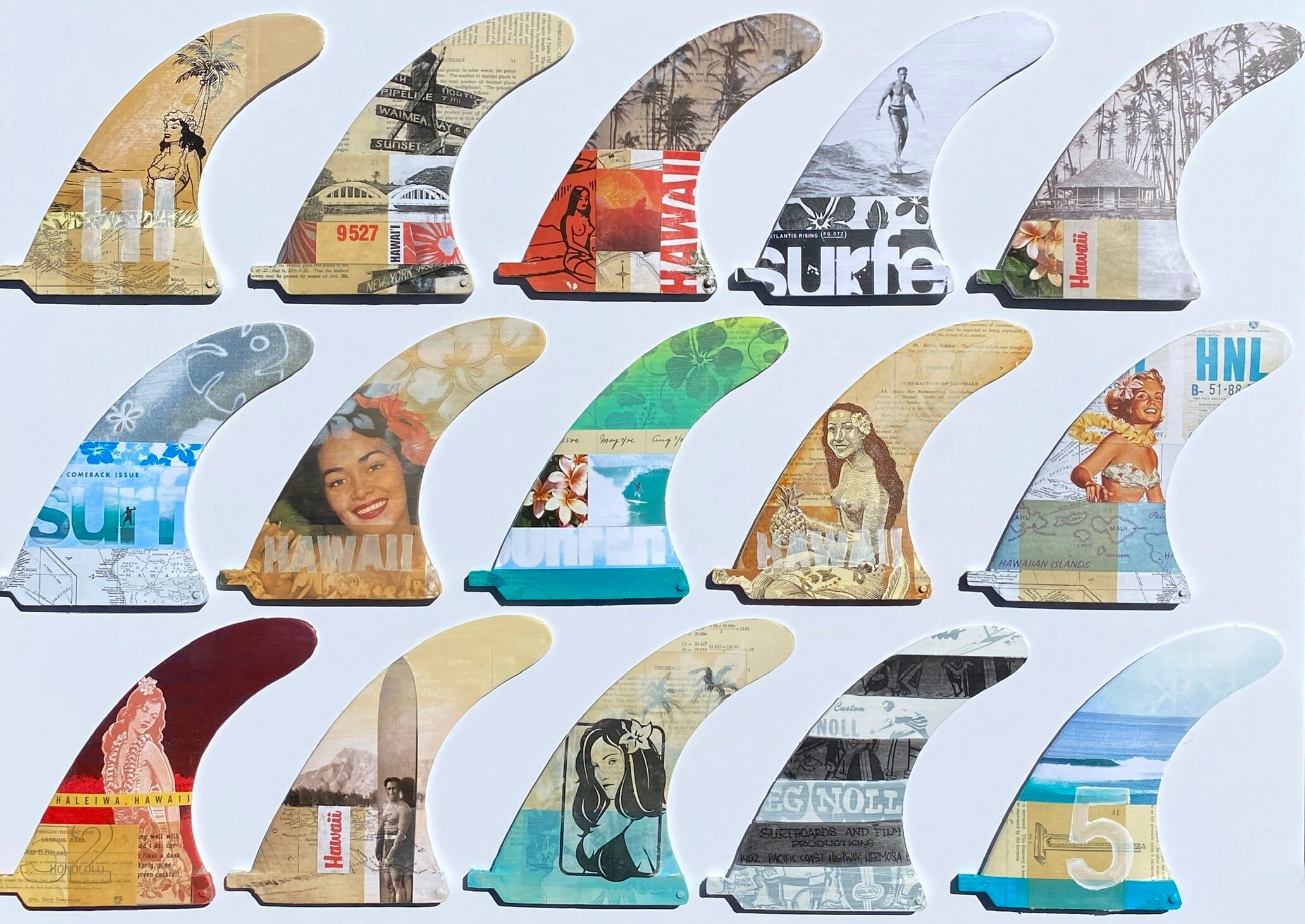 Surf Art Surfboard Fin Collage No.524 (8inch), Tiki, Hawai'i, Wave ...