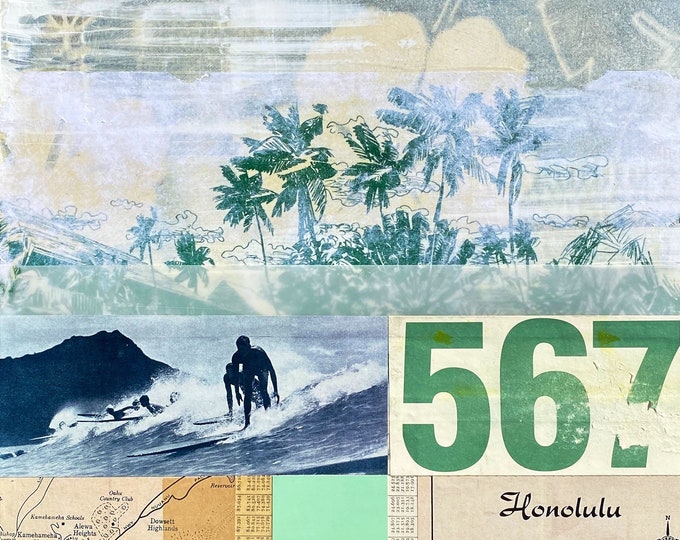Surfing, Hawai’i Giclee Print, Surf Art, Ocean, Waves, Collage “slide ...