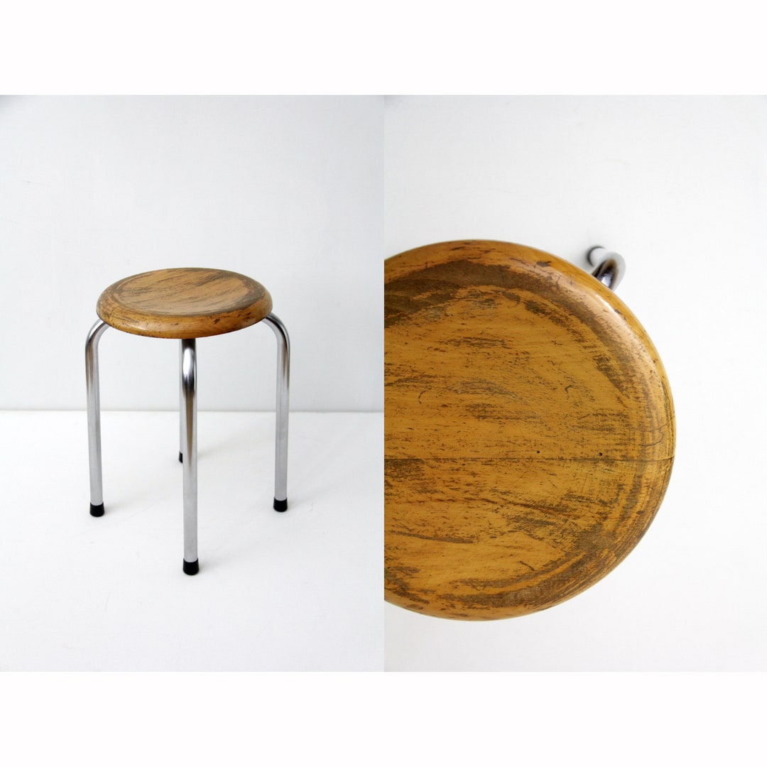 Vintage Industrial Stool // Bauhaus Chrome Tubular Steel and Wood Stool ...