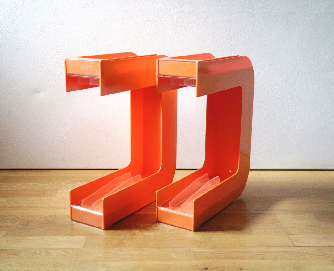 2x Vintage Vinyl Record Holder // 1970's Atomic Orange Plastic Iisi ...