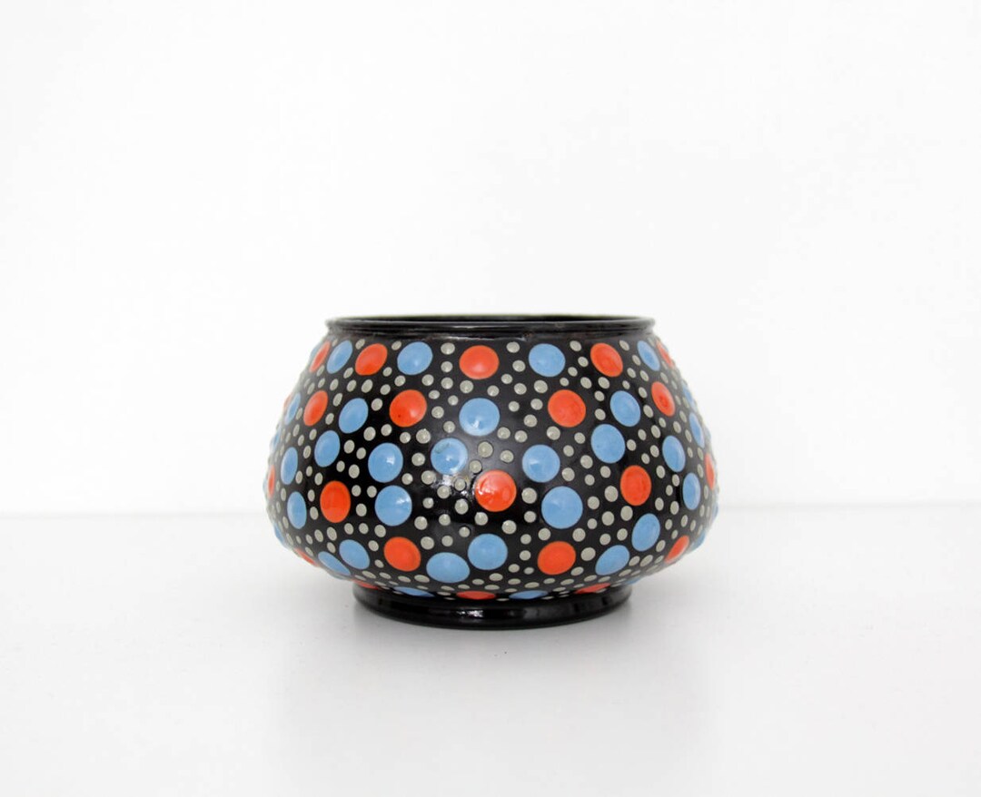 Vintage Planter // Enameled Dotted Vase, Planter // Black, Red and Blue ...