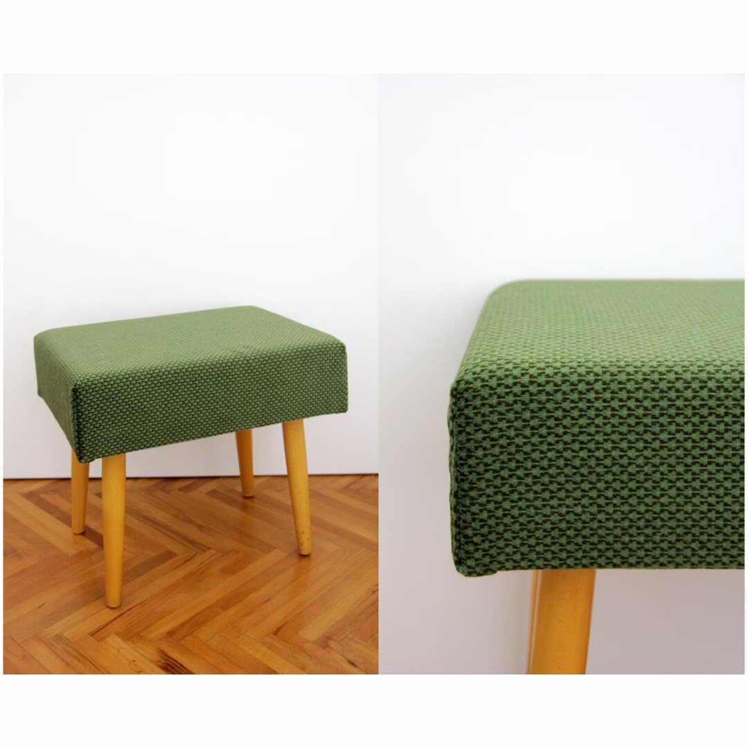 Vintage Mid Century Plush Stool With Green Velvet Upholstery and ...