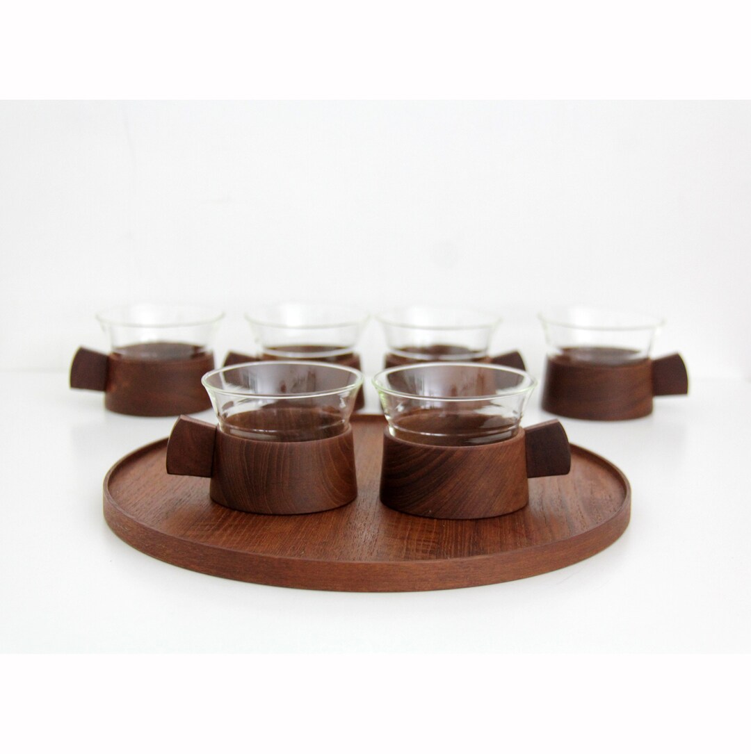 Vintage Tea or Coffee Set of Six // Glass Cups With Teak Wood Holders ...