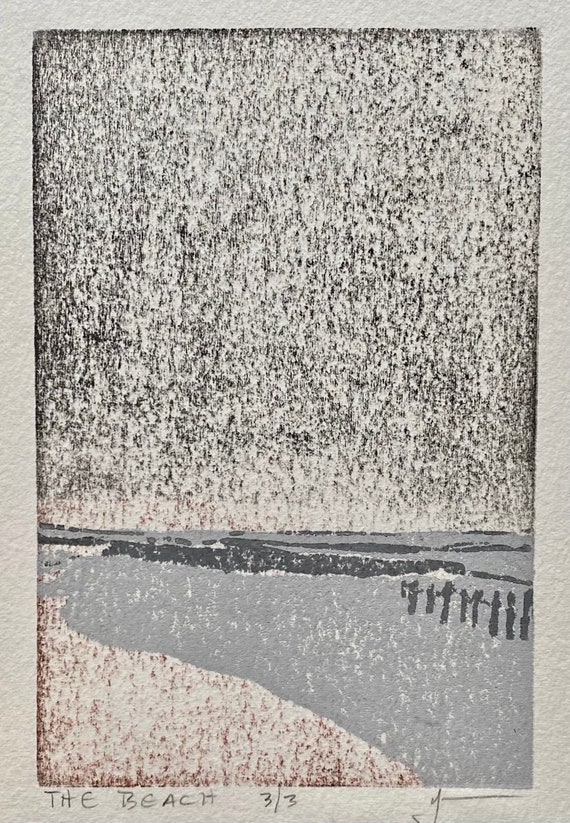 The Beach Woodblock Print | Etsy