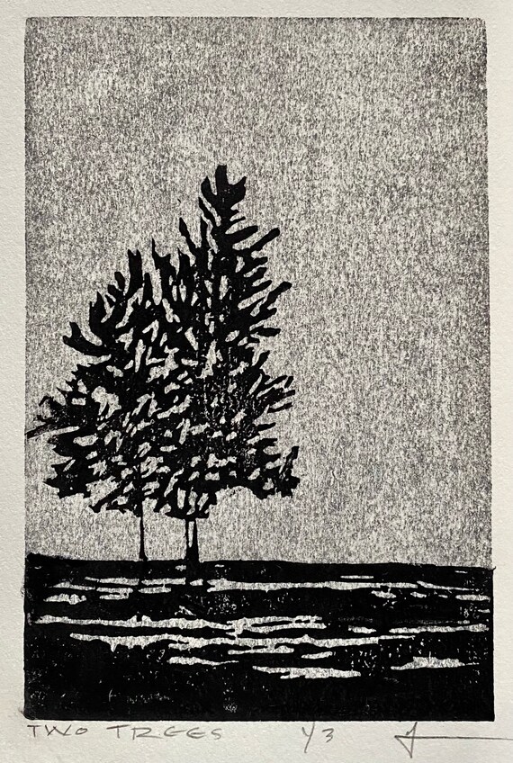 Two Trees Woodblock Print | Etsy