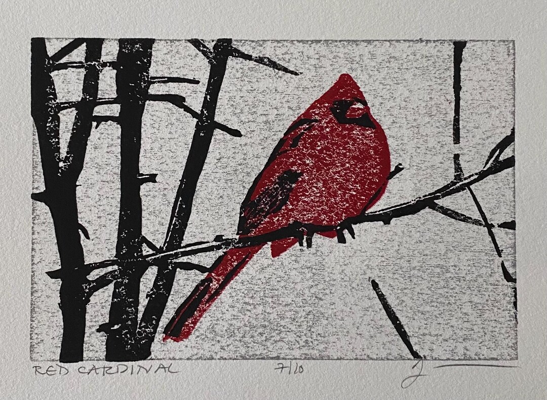 Red Cardinal on Branch - Original Handprinted Woodblock Print - Etsy