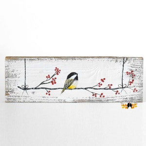 Original Rustic Painting on Wood, Chickadee on Berry Branch Art ...