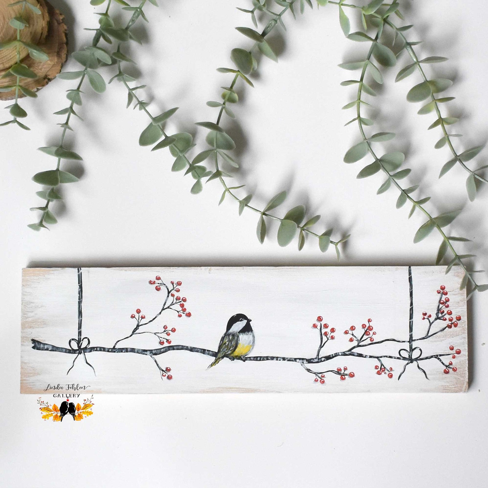 Original Rustic Painting on Wood, Chickadee on Berry Branch Art ...