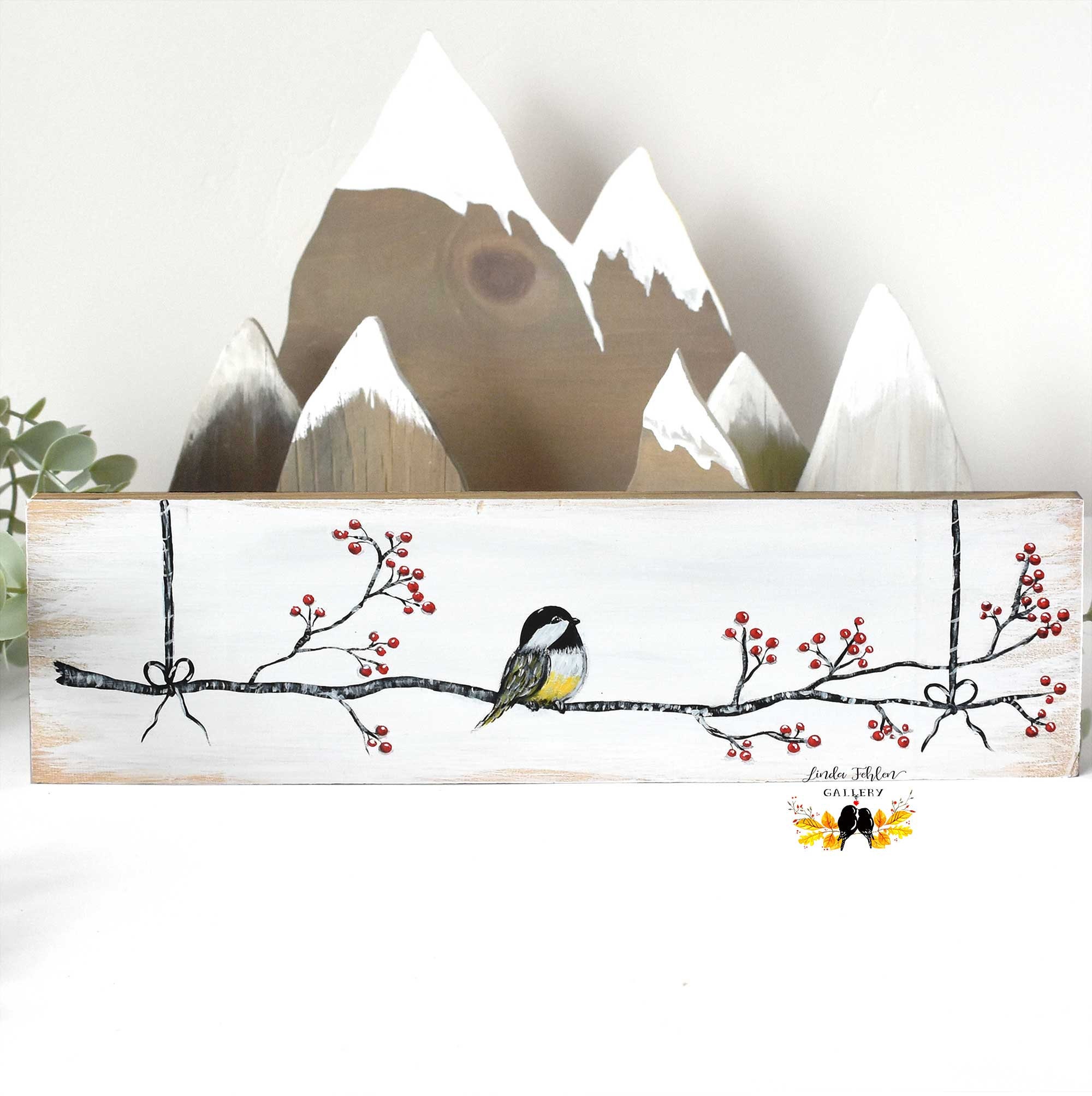 Original Rustic Painting on Wood, Chickadee on Berry Branch Art ...