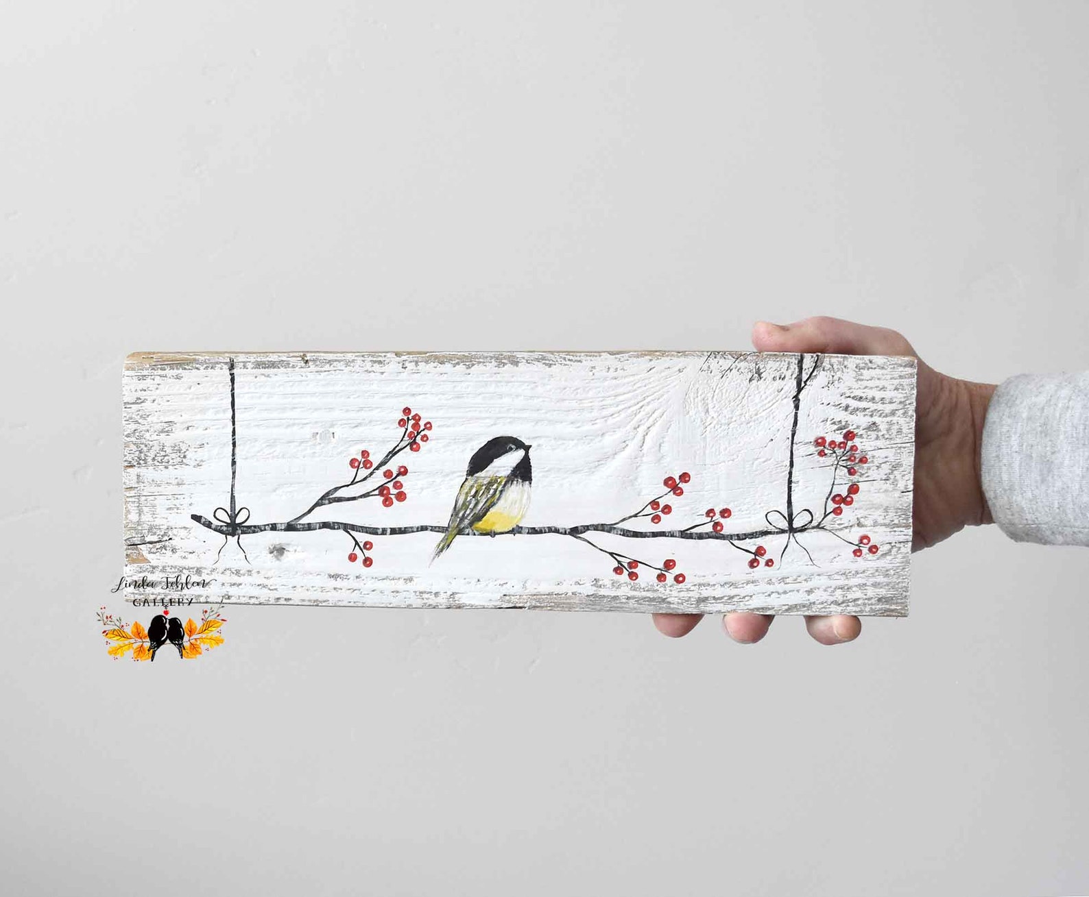 Original Rustic Painting on Wood, Chickadee on Berry Branch Art ...