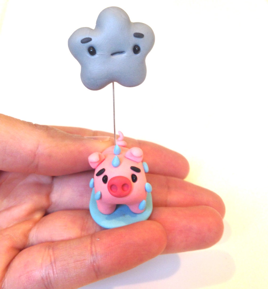 Polymer Clay Miniature Pink Pig Under a Rain Cloud Cute - Etsy