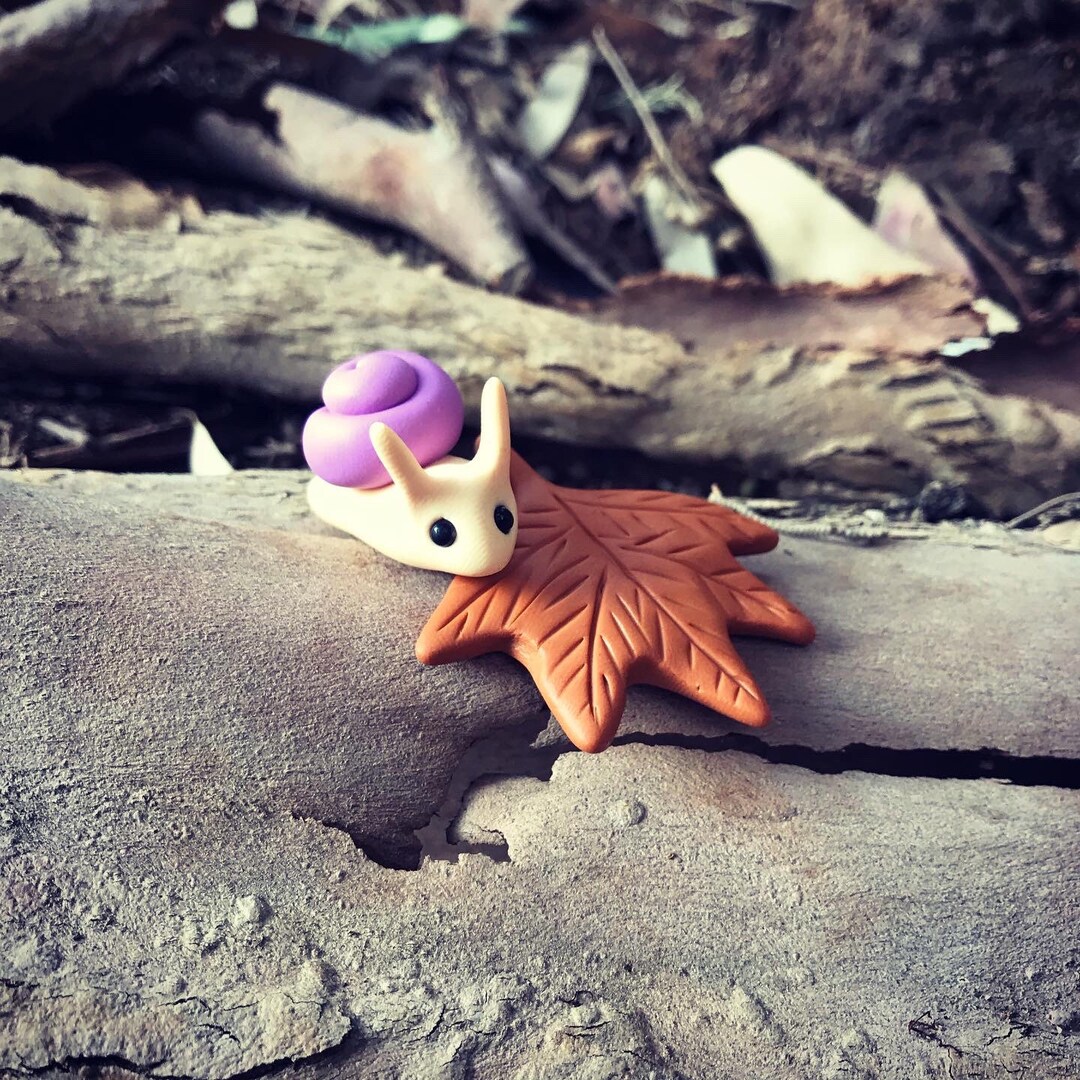 Polymer Clay Purple Snail & Leaf Figurine, Cute Little Clay Cute Kawaii ...