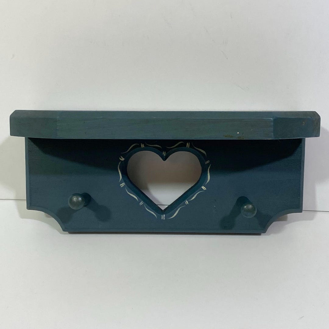 Vintage 90s Blue Wood Display Shelf With Heart Cutout and Pegs Small ...