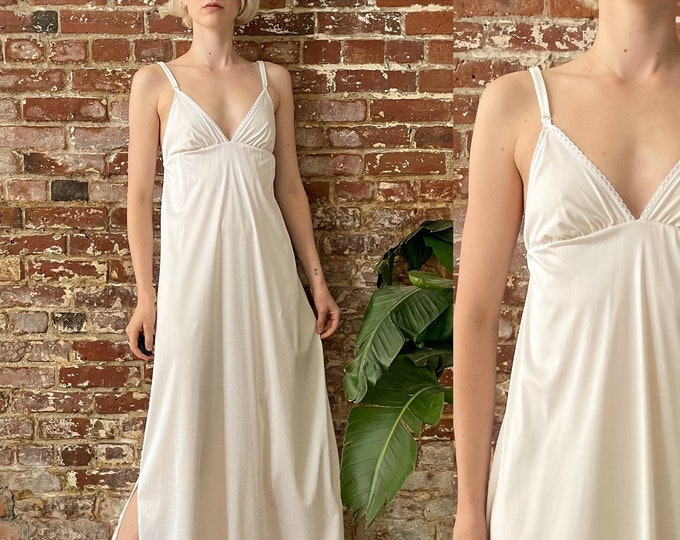 Vintage 1970s off White Triangle Cup Maxi Slip Dress - 70s Empire Waist ...