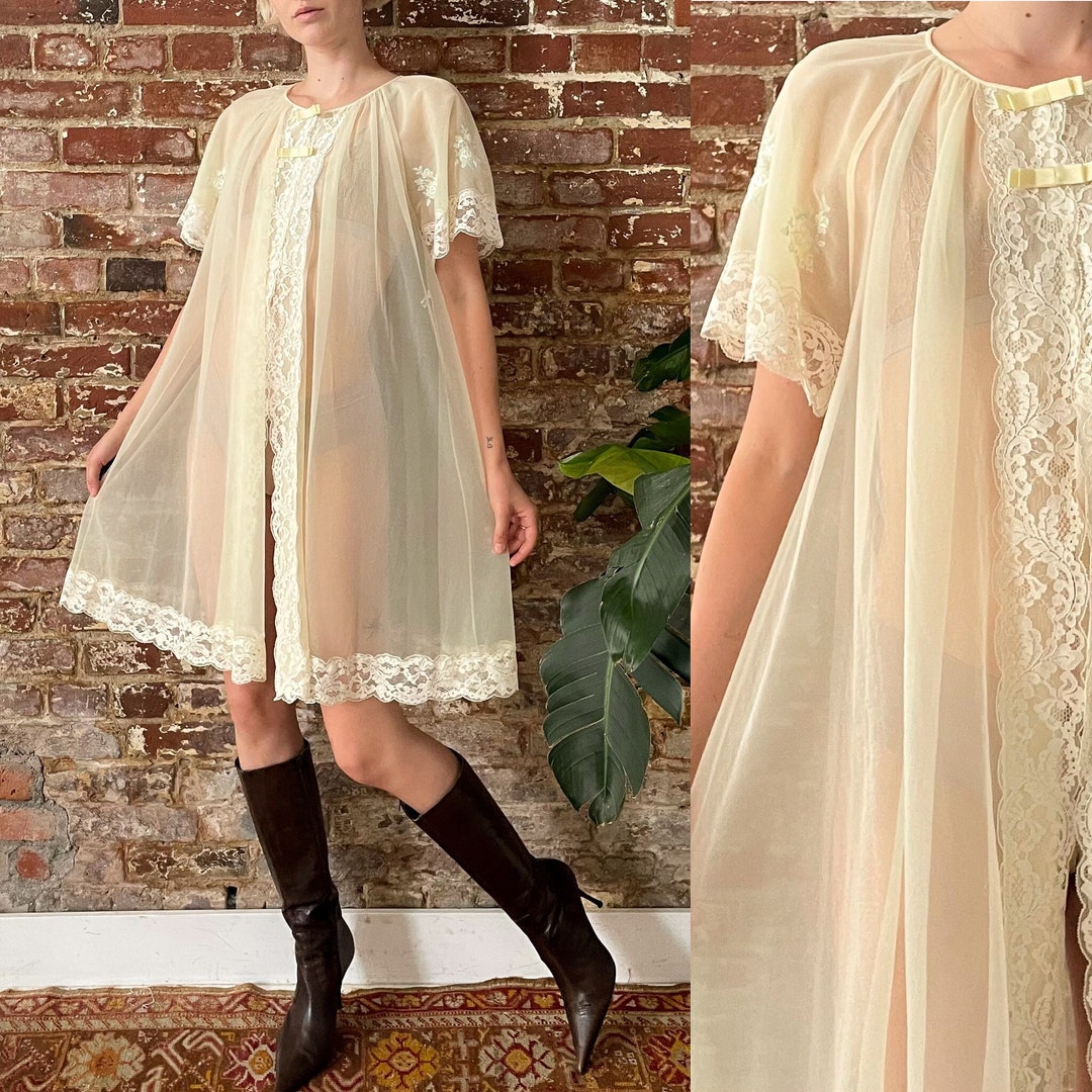 Vintage 1960s Mod Sheer Yellow Nylon Robe With Embroidered Sleeves ...