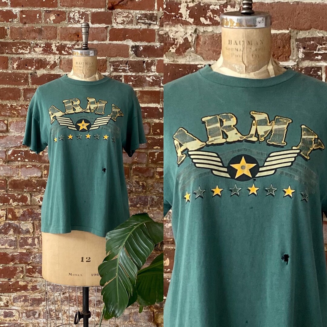 Vintage 80s USA Army Worn Thin Thrashed Green Tee - Single Stitch ...