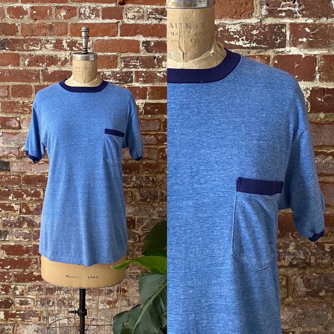 Vintage 1970s Two Tone Blue Pocket Ringer Tee - 70s Heather Blue Navy ...