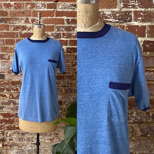 Vintage 1970s Two Tone Blue Pocket Ringer Tee - 70s Heather Blue Navy ...