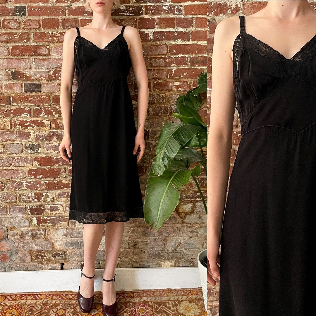 Vintage 1940s Black Rayon Lace Trim Slip Dress - 40s Rayon Bias Cut ...