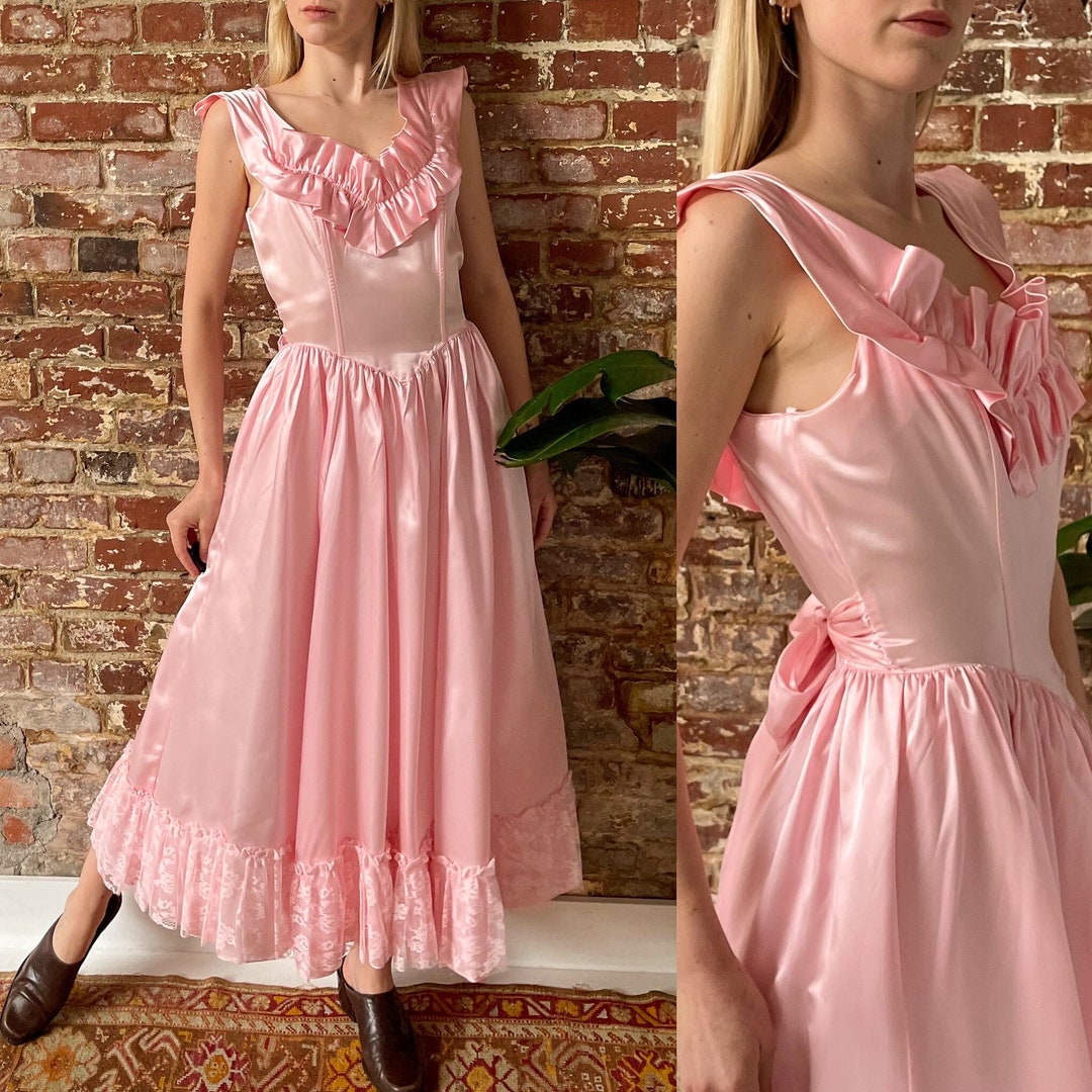 Vintage 1980s Pink Satin Princess Prom Gown 80s Pink Liquid Satin Maxi ...