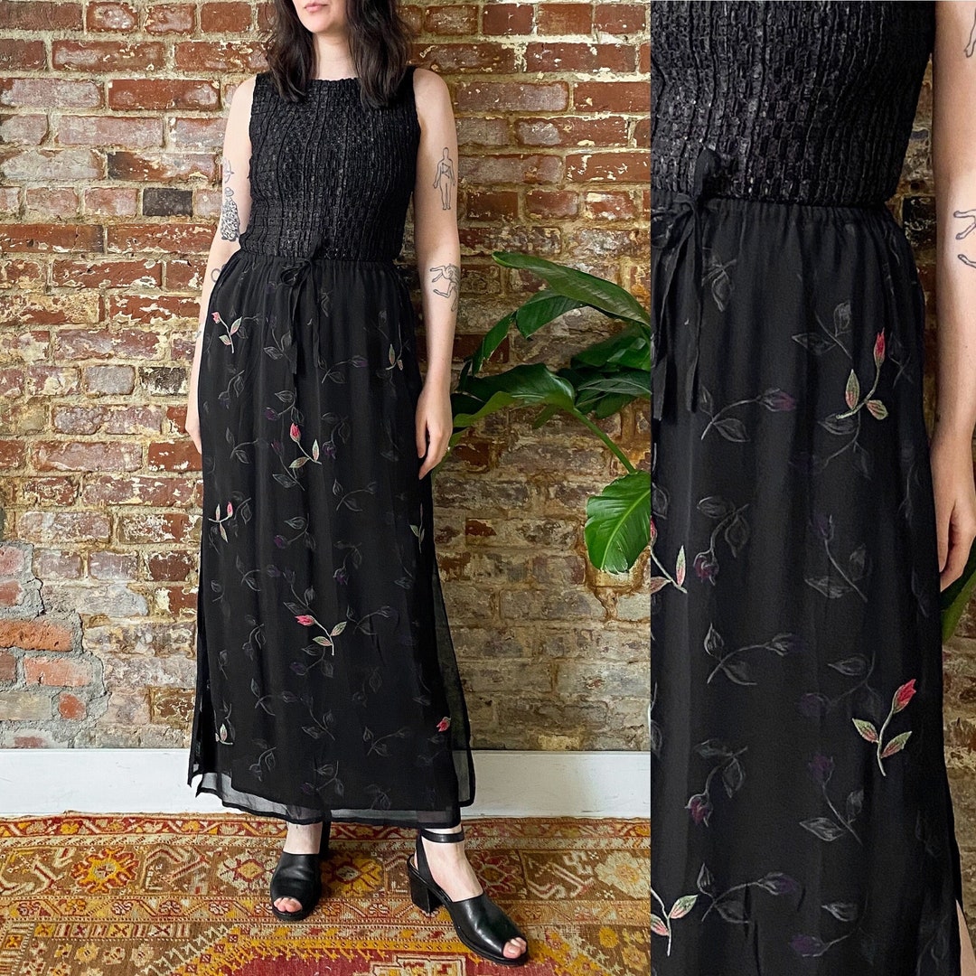 Vintage 1990s Floral Embroidered Sheer Overlay Skirt - 90s Black Rose ...
