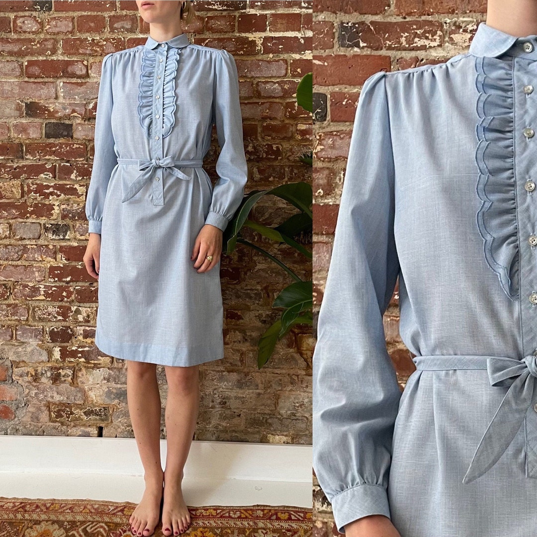 Vintage 1970s Ruffle Yolk Western Shirt Dress - 70s Baby Blue Long ...
