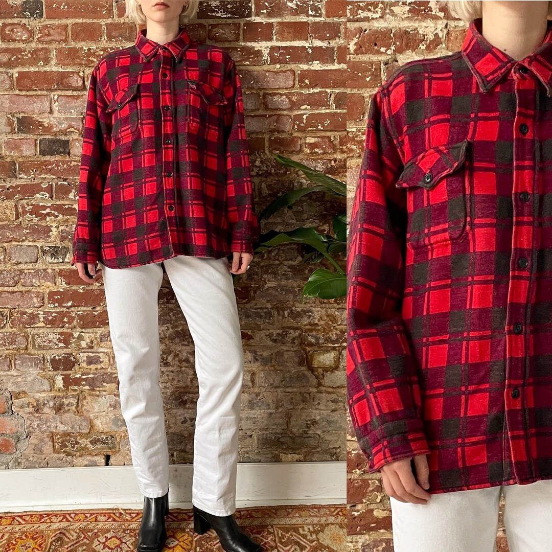 Vintage 1970s Red Champion Plaid Flannel Jacket 70s Red Mac Jacket Tag ...