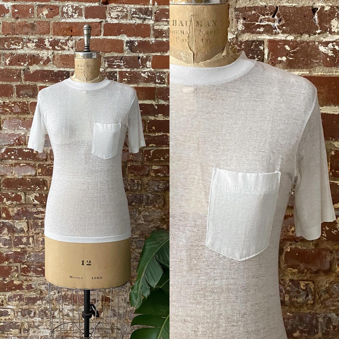 Vintage 1980s Paper Thin Blank White Pocket T-shirt - 80s Gauzy Paper ...