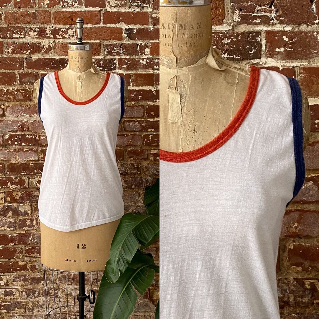 Vintage 1970s White Red Blue Two Tone Ringer Tank Top Single Stitch 50/ ...
