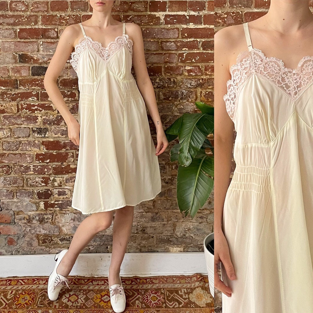 Vintage 1940s 1950s Rayon Slip With Lace Trim - Butter Yellow Pale Pink ...