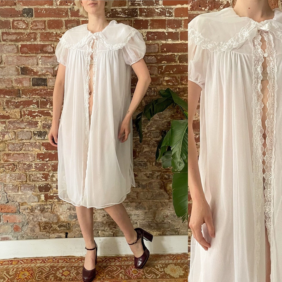 Vintage 1960s Oversized Collar Sheer White Nylon Overlay Peignoir Robe ...
