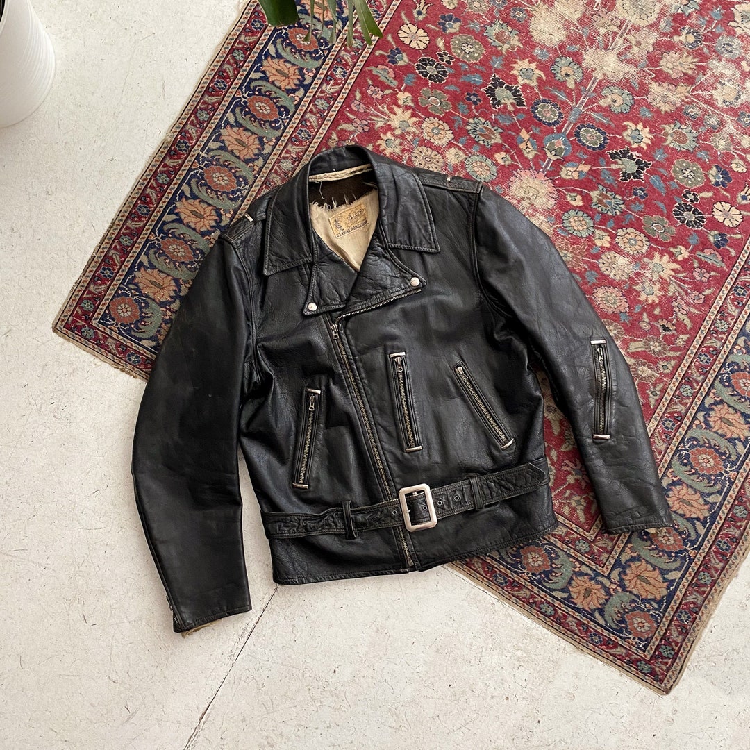 Vintage 1960s Score Black Studded Genuine Horsehide Belted Back Leather ...