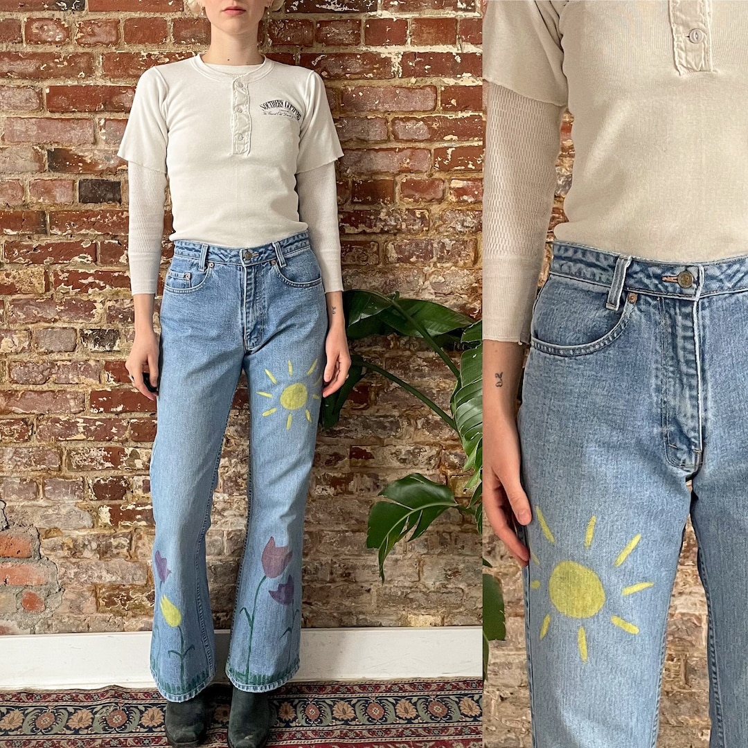 Vintage 1990s Hand Painted Ikeda Flare Denim Jeans - Tulips and Sun ...