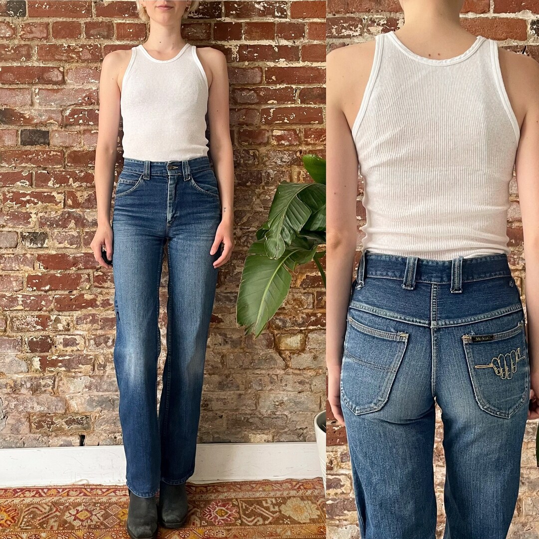 Vintage 1970s Embroidered Pocket Faded Whiskered Dark Wash Jeans - 70s ...