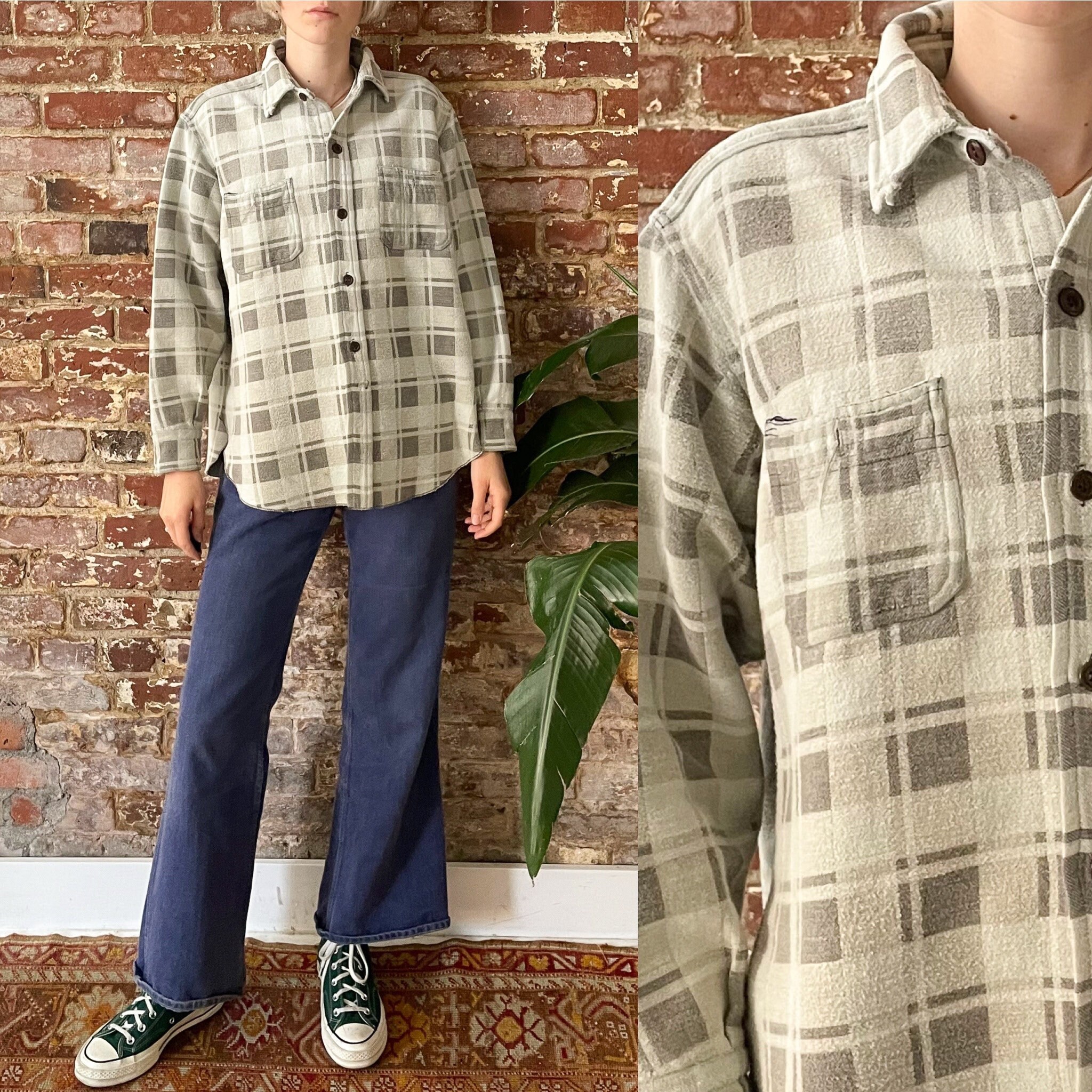 Vintage 70s Plaid Shirt Womens Blue Green 60s - Etsy