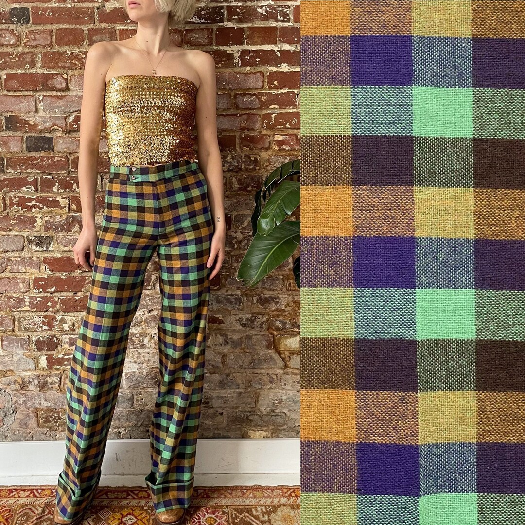 Vintage 1970s Checkered Wool Bell Bottoms - 70s Green Purple Plaid Wool ...