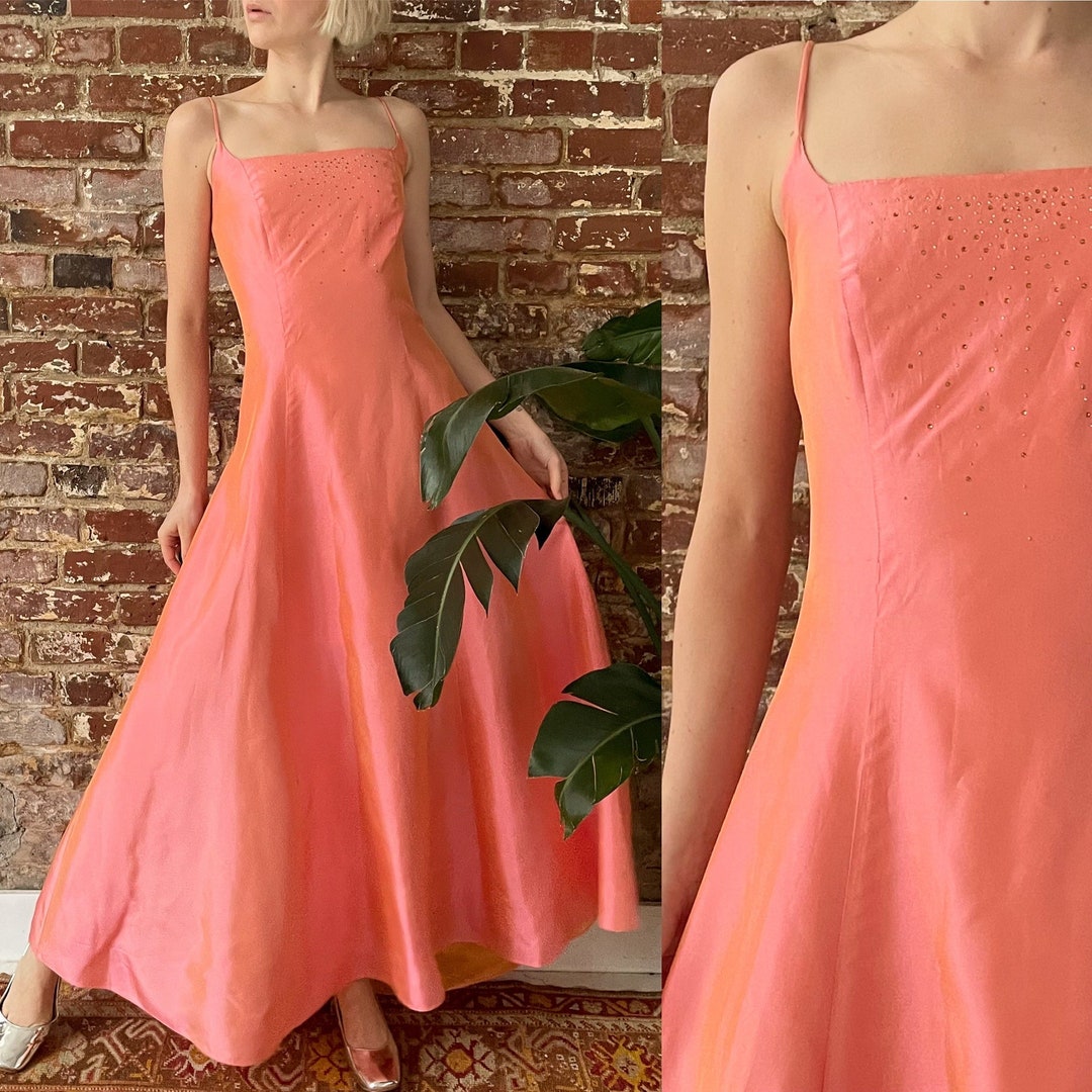 Vintage 1990s Iridescent Peach Pink Rhinestone Prom Dress - 90s Peach ...