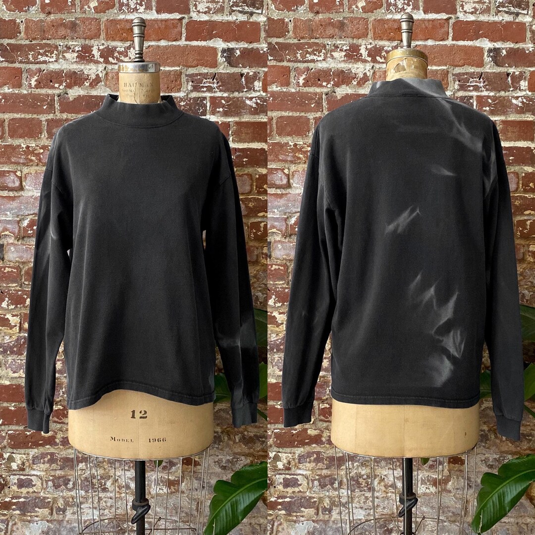 Vintage 1990s Sun Faded Black Cotton Mock Neck Long Sleeve Shirt - Faded Black Long Sleeve Blank ...