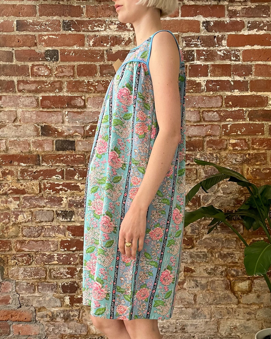 Vintage 1970s Blue & Pink Floral Wallpaper Print House Dress - 70s ...