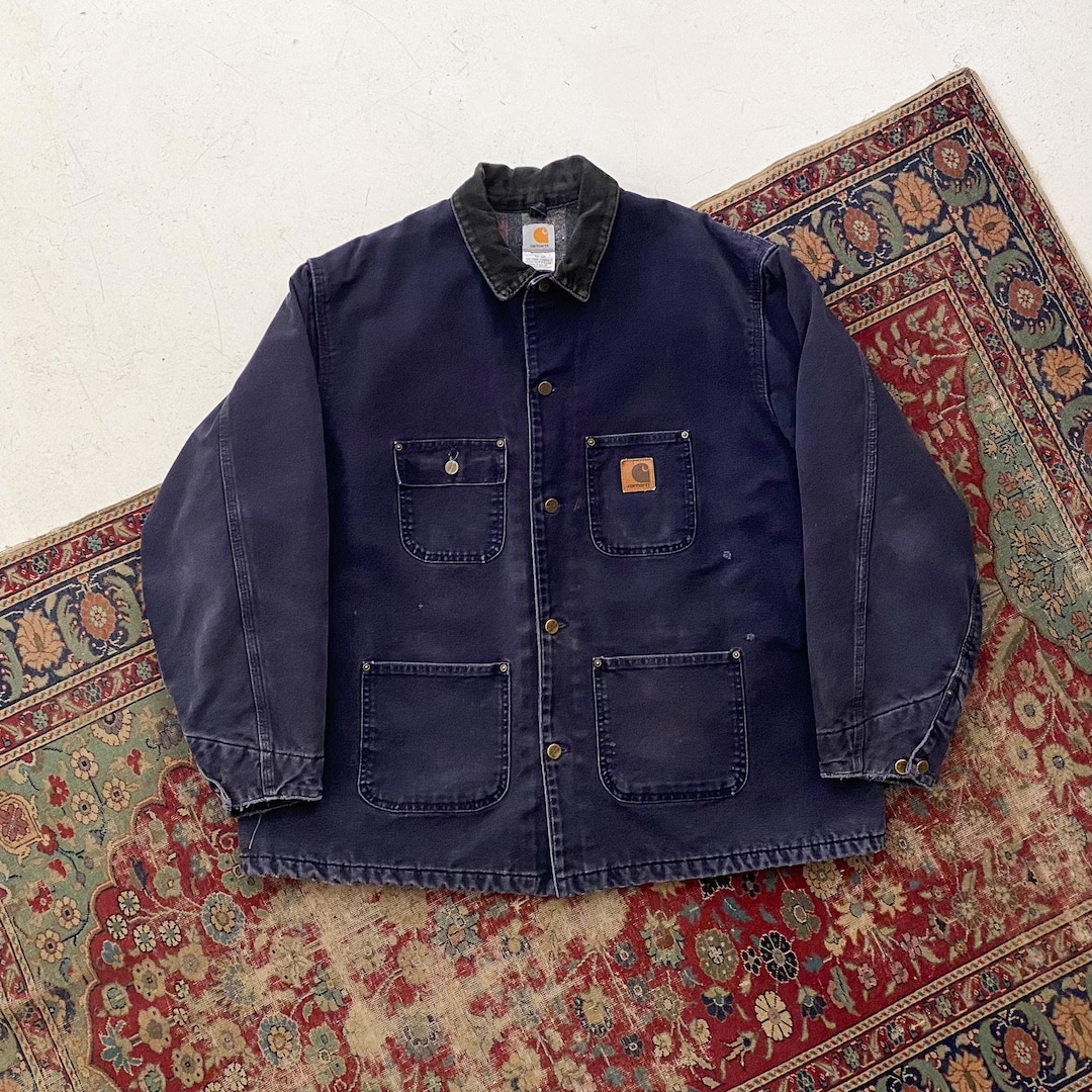 Vintage Faded Navy Carhartt Chore Jacket Nicely Worn Blanket Lined Carhartt Workwear Chore Coat ...
