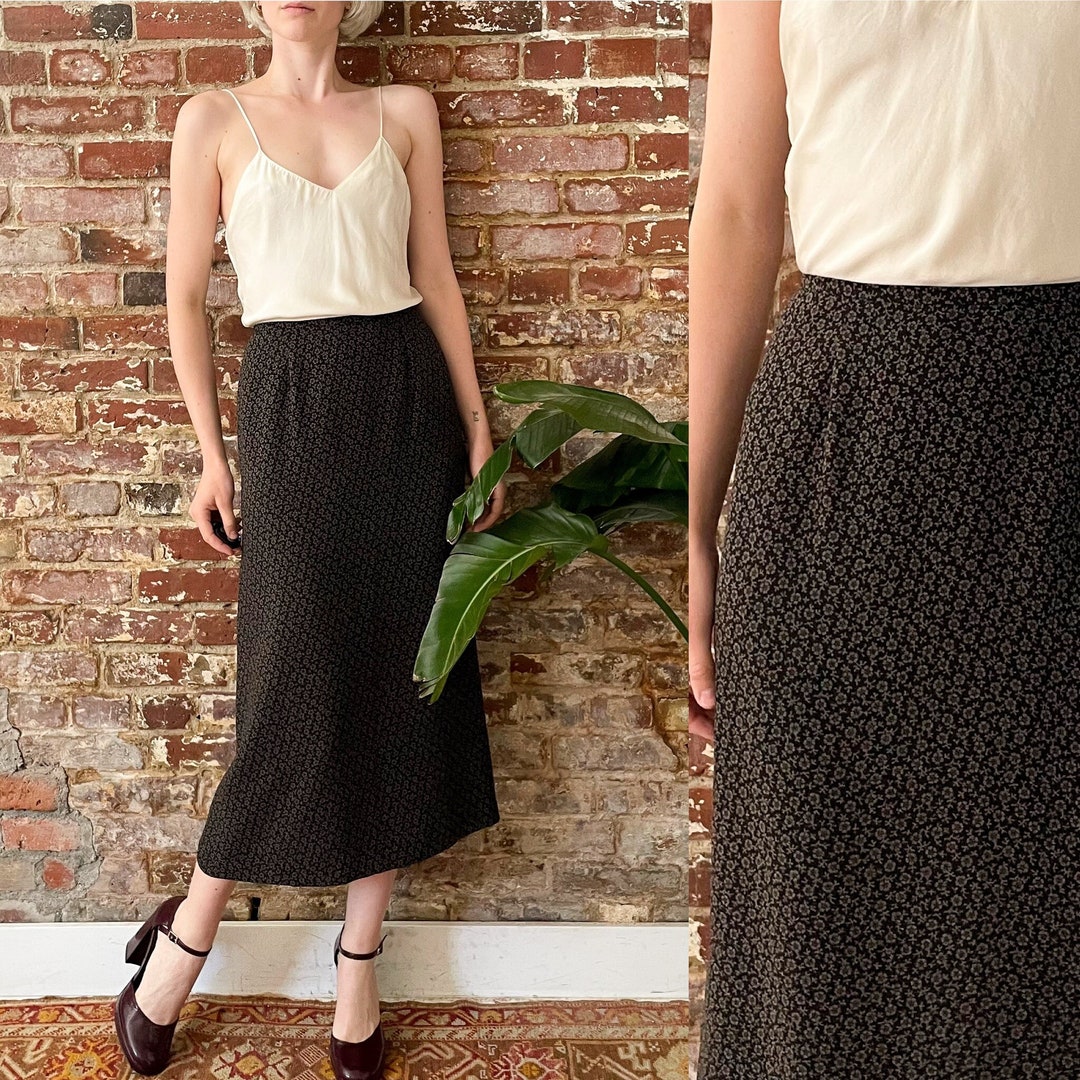 Vintage 1990s Dark Floral Maxi Skirt - 90s Black & Brown Floral Print ...