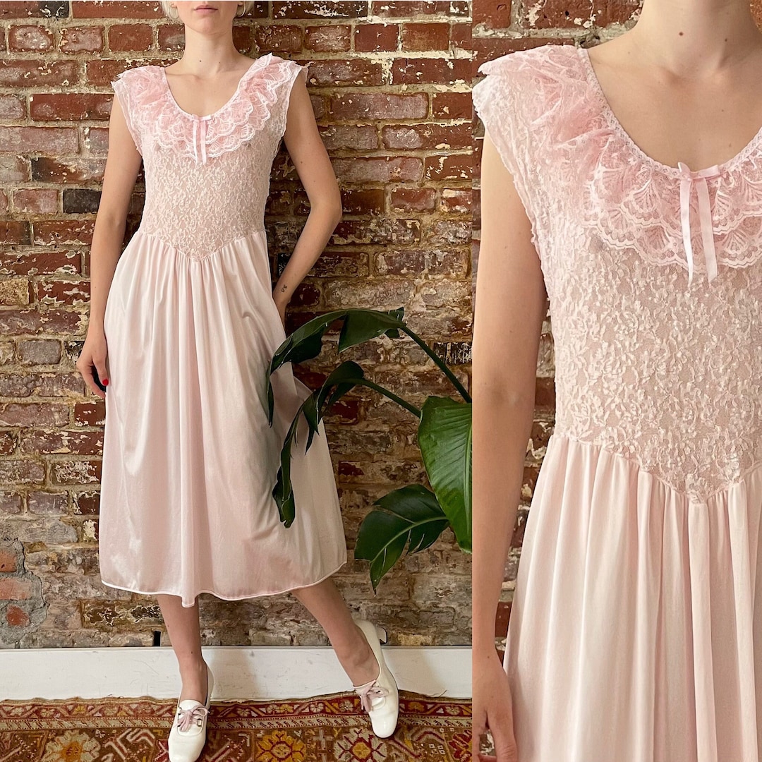 Vintage 1980s Baby Pink Ruffle Lace Trim Basque Waist Slip Dress - XS ...