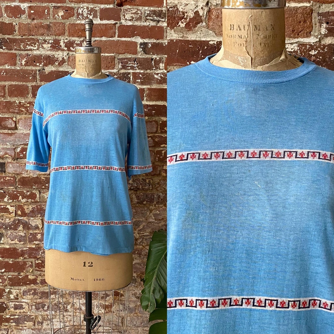 Vintage 1970s Montgomery Ward Blue Space Ship Striped T-shirt - 70s ...