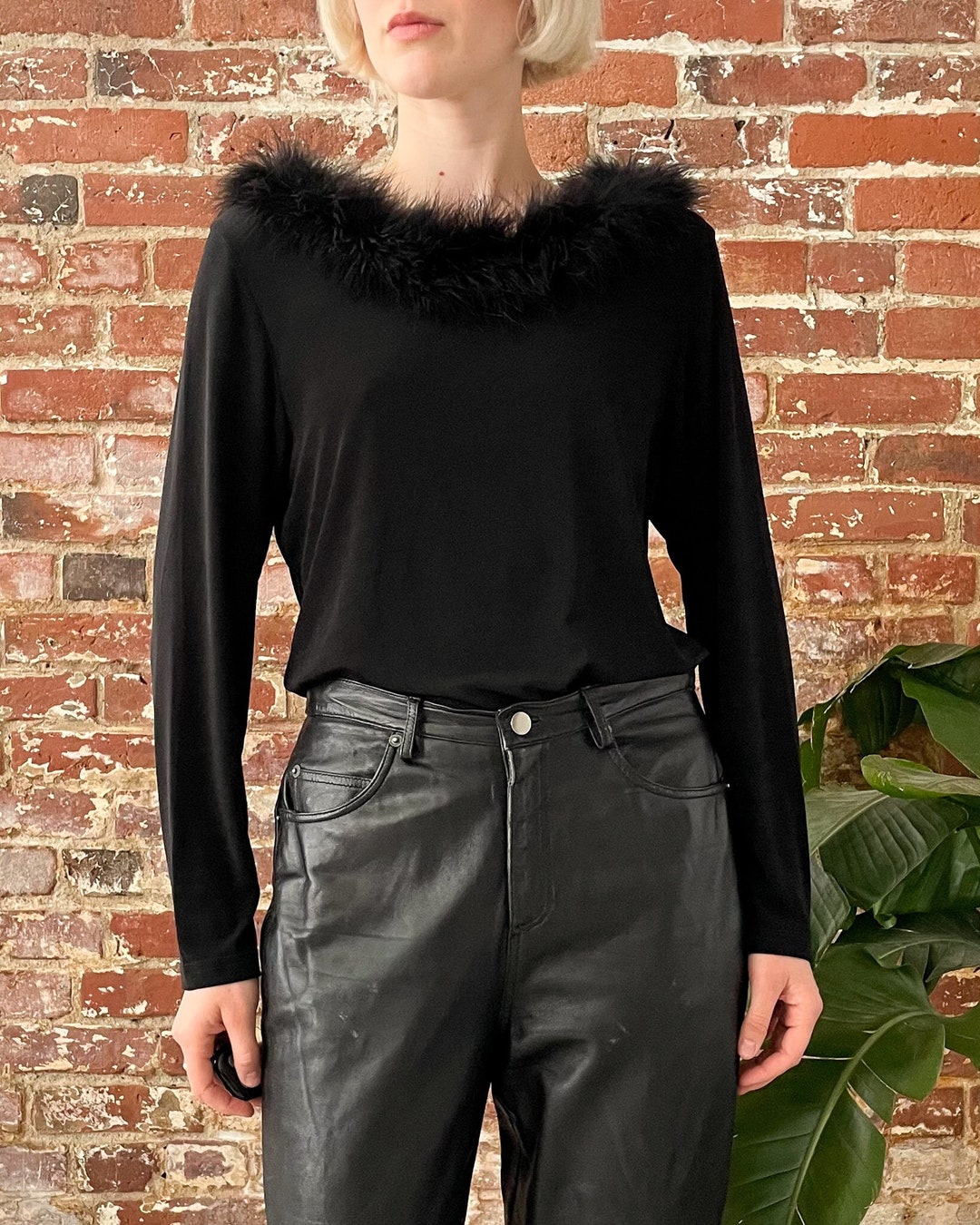 Vintage 1990s Carol Rose Slinky Black Marabou Feather Trim Top - 90s ...